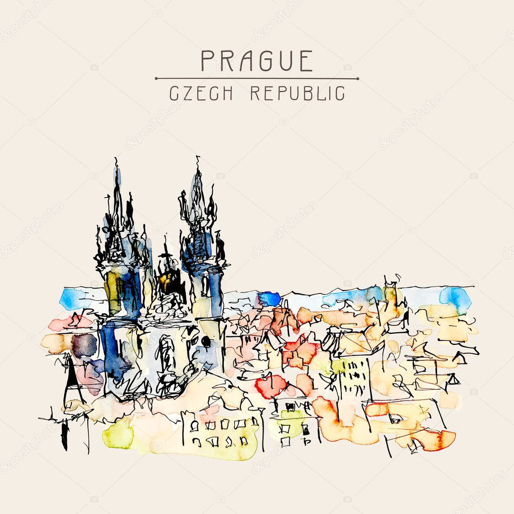 Watercolor freehand sketch drawing of Prague Czech Republic top Stock ...