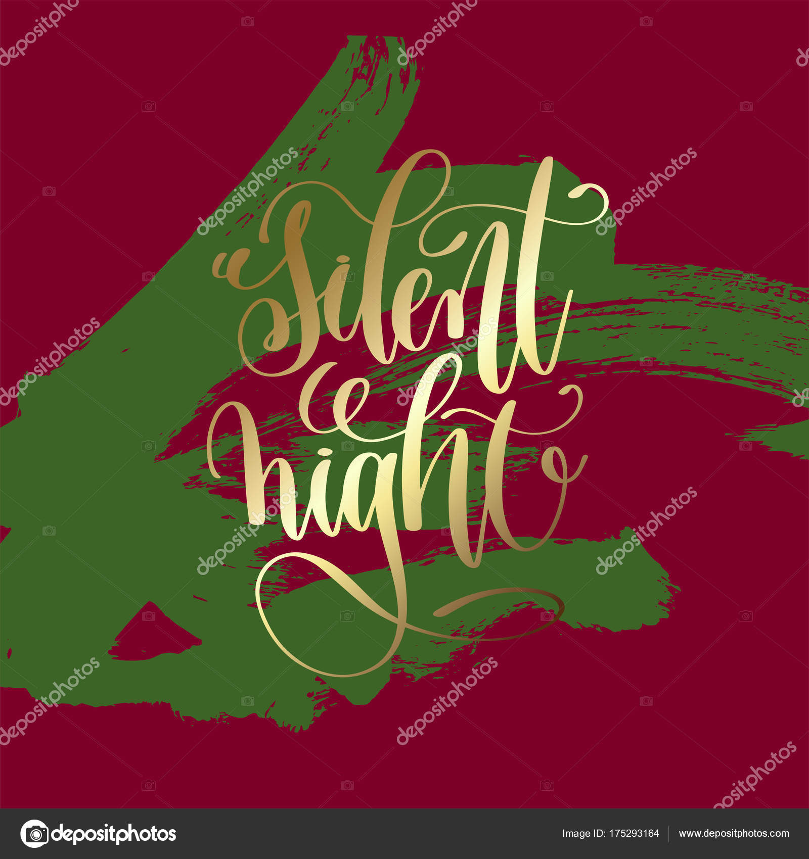 Silent night - gold hand lettering on green and purple brush str Stock ...