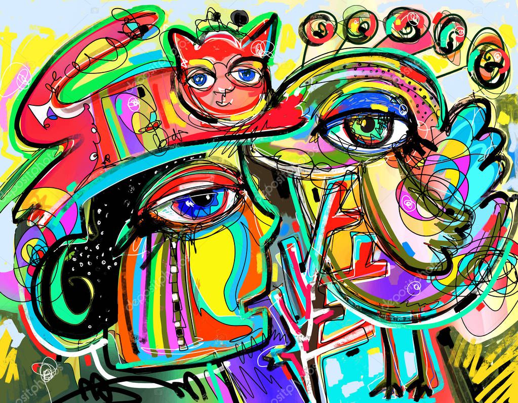 composición de arte digital original de cara humana, pájaro y gato rojo ...