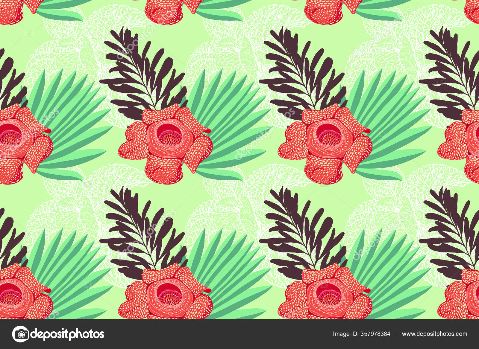 Seamless pattern with tropical flower Rafflesia Arnoldii and leaves of ...