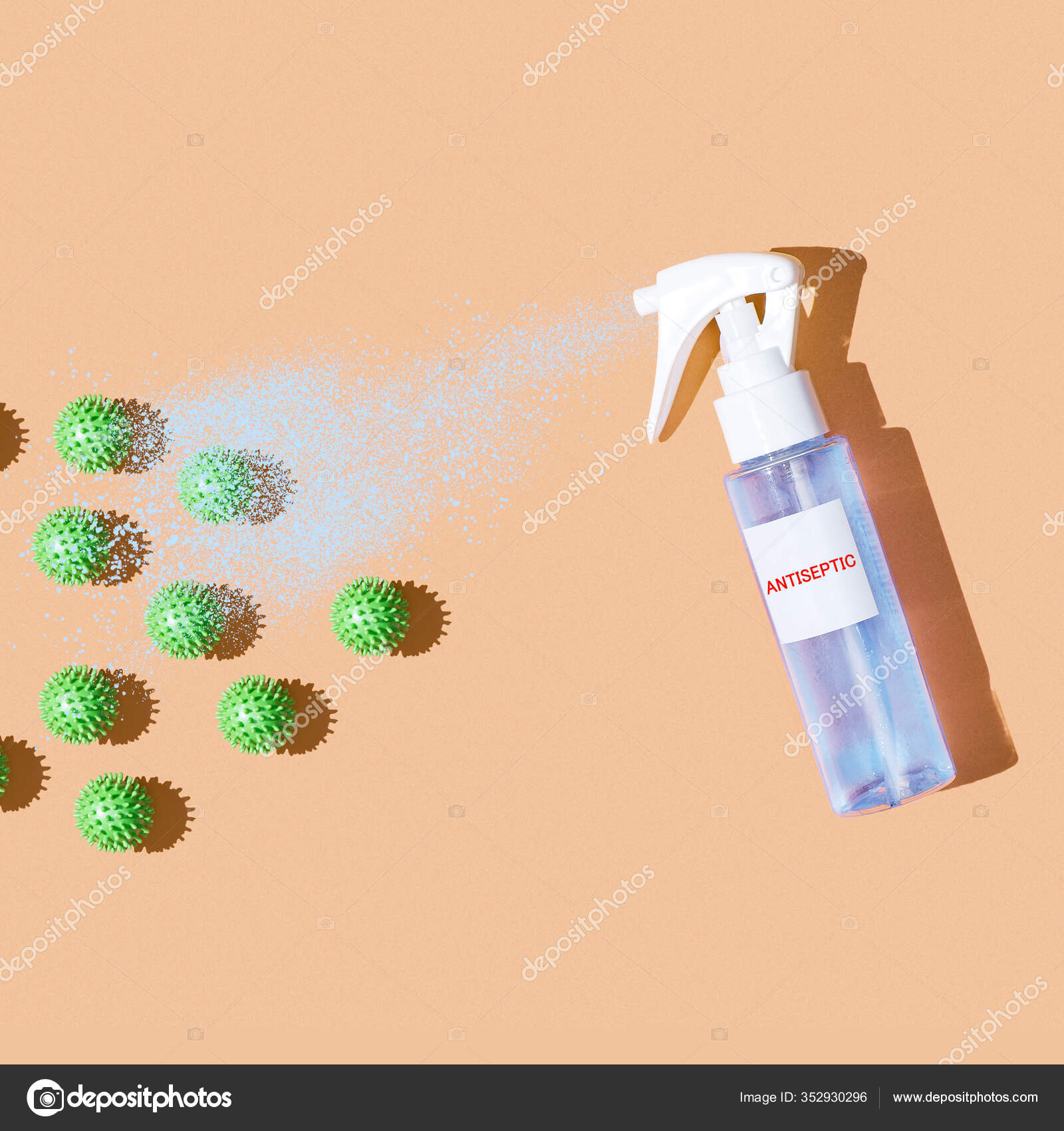Antiseptic spray spraying against viruses on bright table flat lay top ...