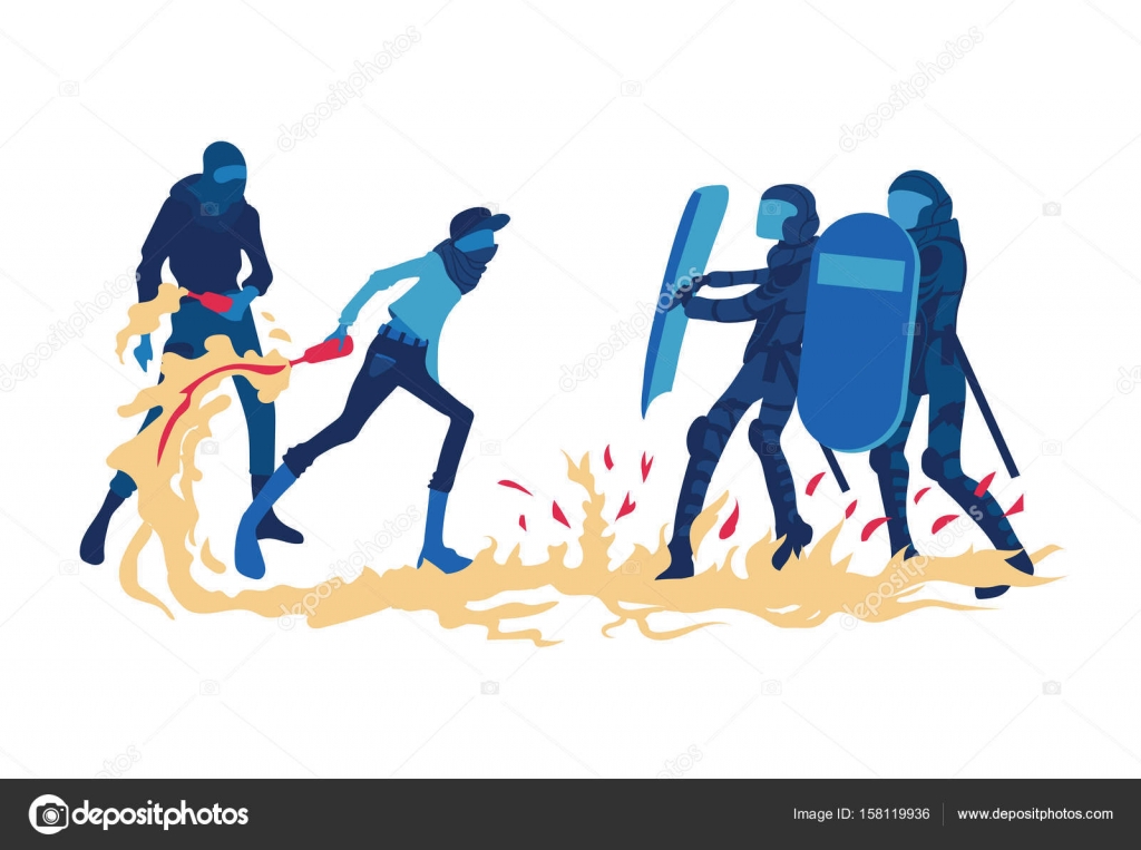 Street riots and protests. Protesting men with a Molotov cocktail are ...