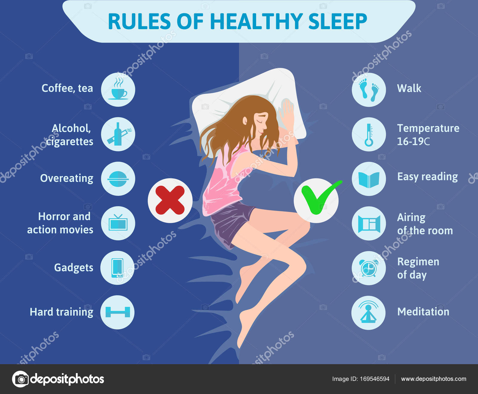 Rules of healthy Sleep. Vector Infographics Illustration. Cute Girl ... Rules of healthy Sleep. Vector Infographics Illustration. Cute Girl ...