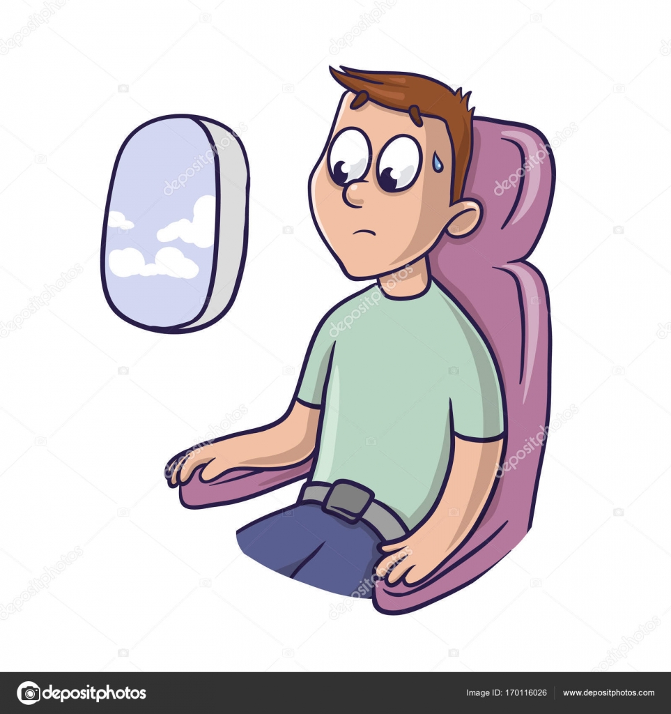 Worried frightened man in the airplane seat at the window. Fear of ...
