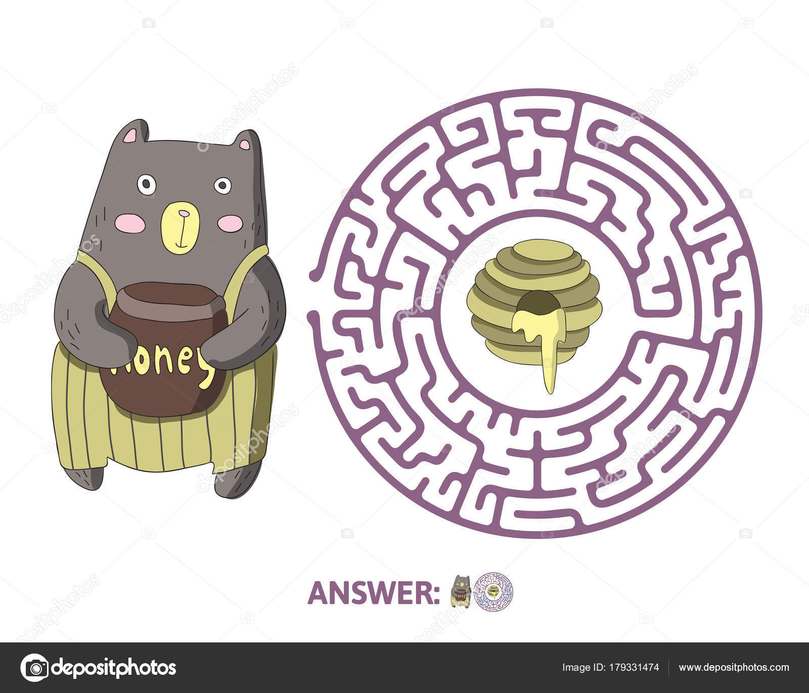 Childrens maze with bear and honey. Puzzle game for kids, vector ...