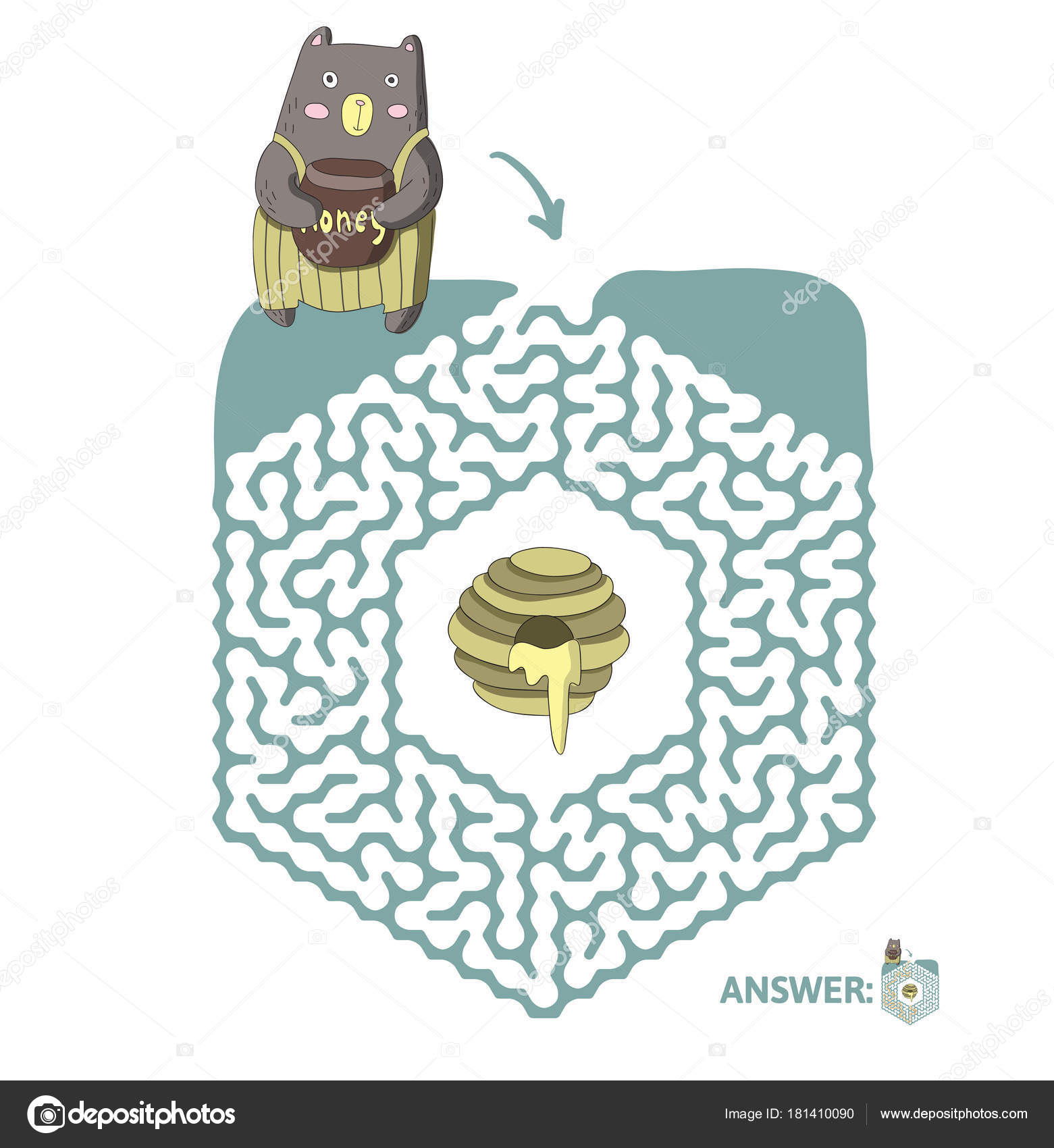 Laberinto de niños con oso y miel. Puzzle juego para niños, ilustración ...