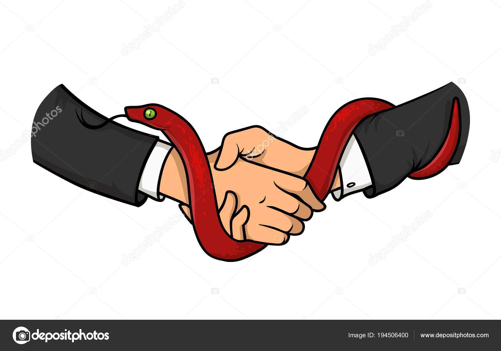 Handshake with a snake. Dangerous business deal. Red snake, two hands ...