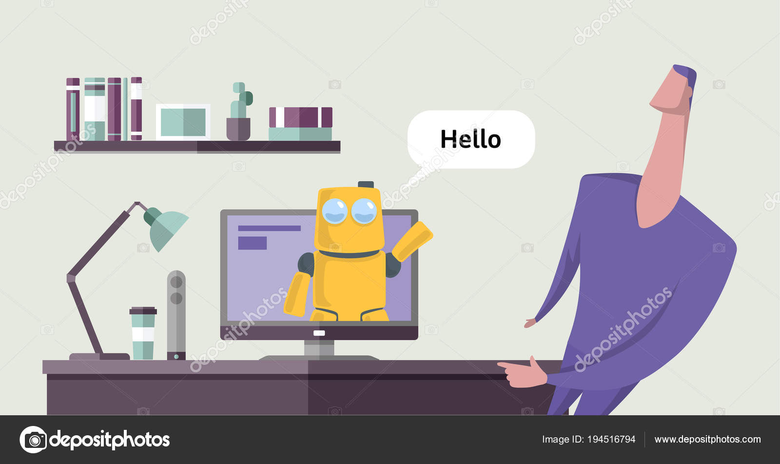 Friendly robot talking to a man from computer screen. Chatbot ...