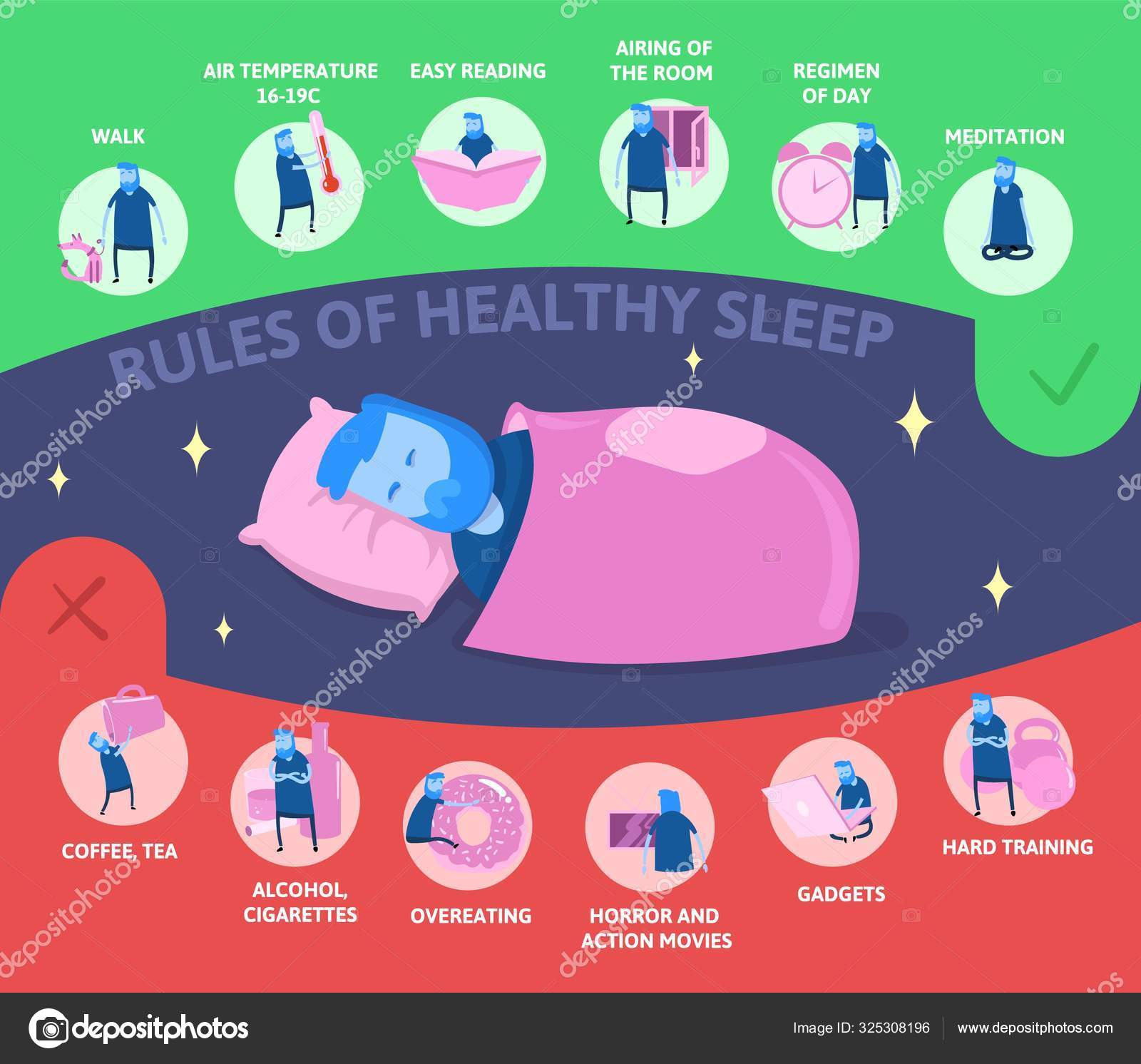 Rules of healthy Sleep, vector Infographics Illustration. Man sleeping ...