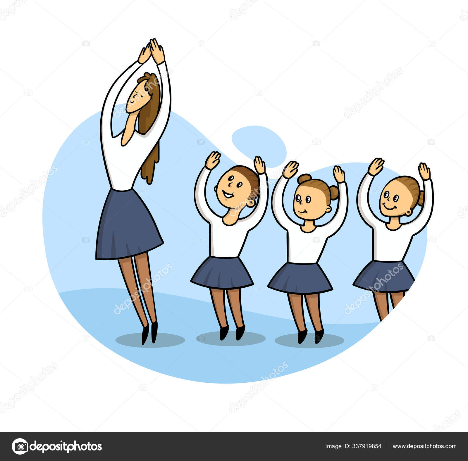 Kids in a dancing class with a teacher. Flat style vector illustration ...