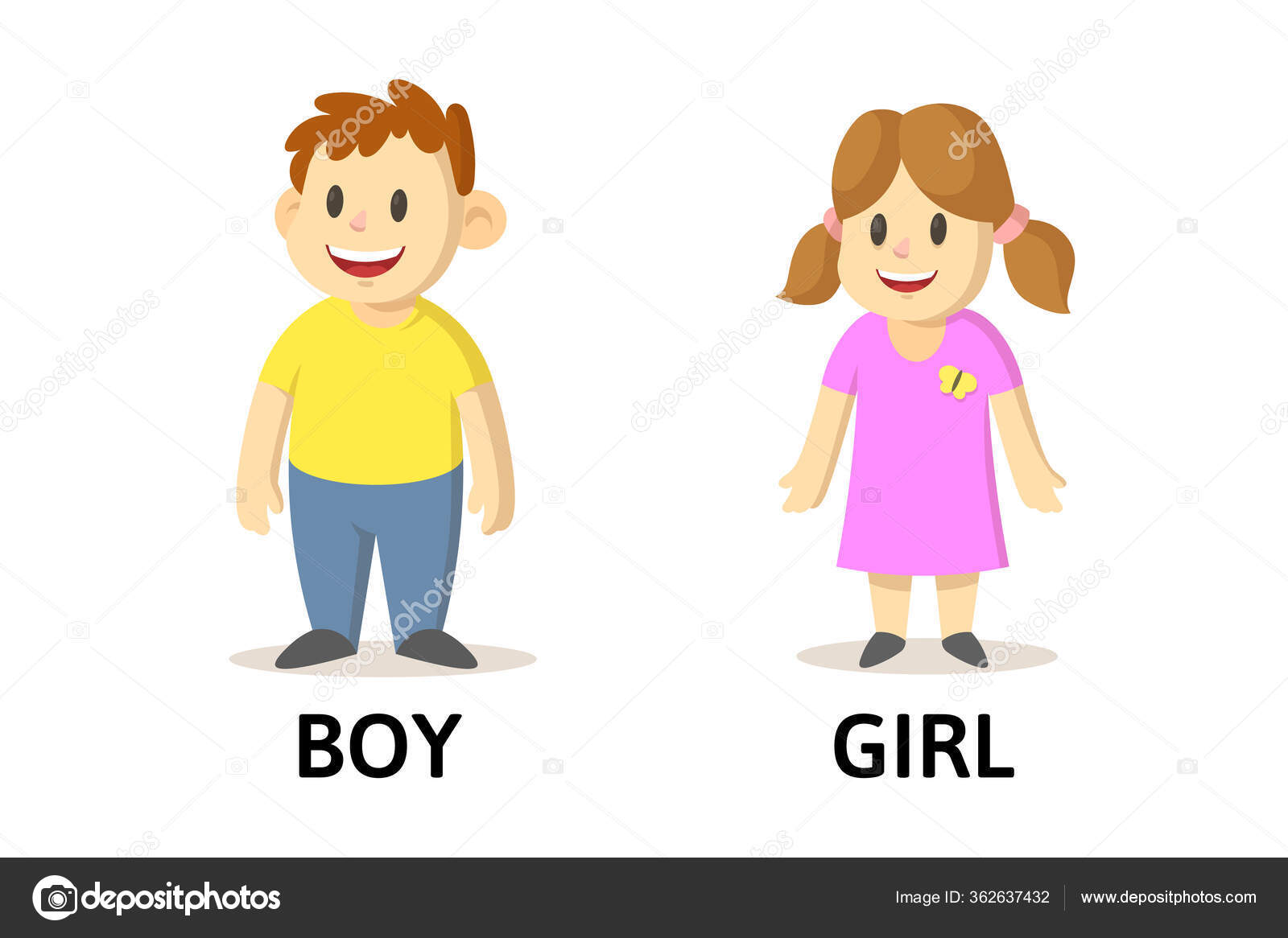 Words boy and girl flashcard with cartoon characters. Opposite ...