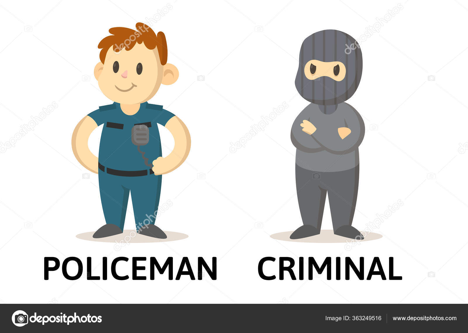 Words policeman and criminal flashcard with cartoon characters ...