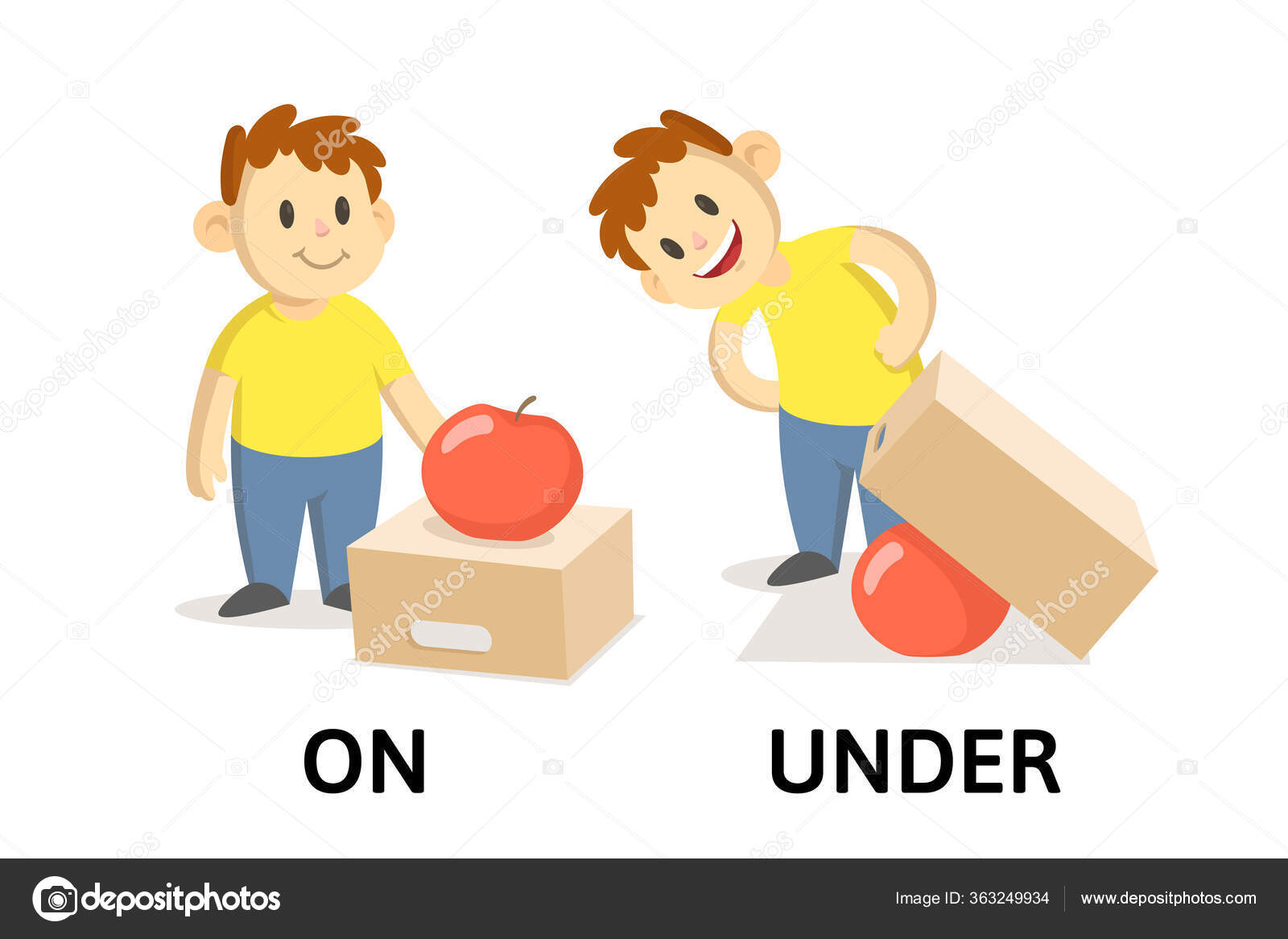 Words on and under flashcard with cartoon boy charactes. Opposite ...