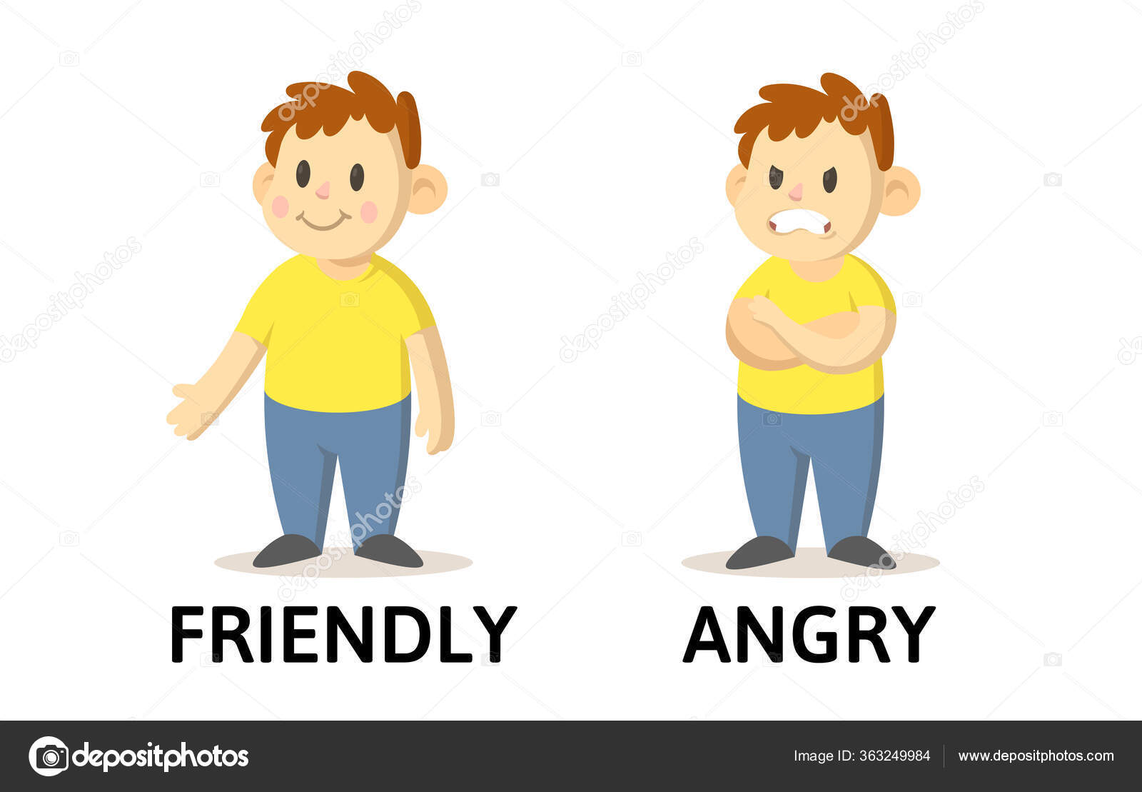 Words friendly and angry flashcard with cartoon boy characters ...