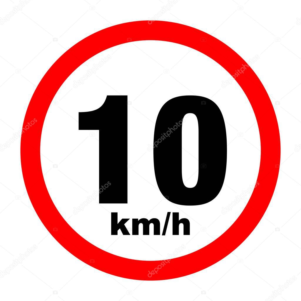 Límite máximo de velocidad 10 km / h. Icono de signo de carretera aislado sobre fondo blanco 2023
