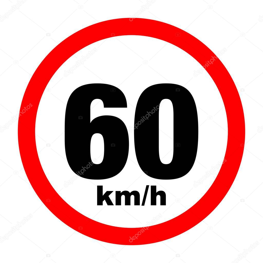 Plazo máximo de velocidad 60 km / h. Icono de signo de carretera aislado sobre fondo blanco 2023