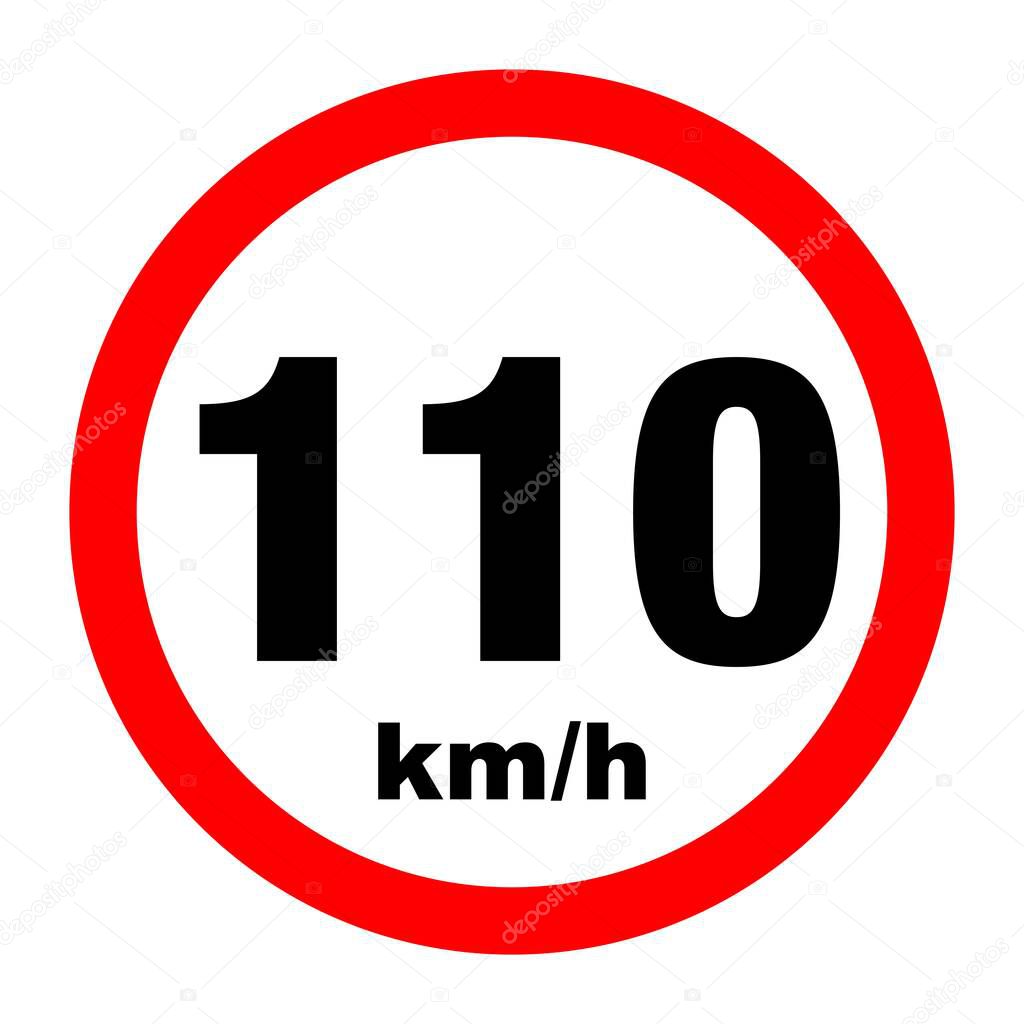 Plazo máximo de velocidad 110 km / h. Icono de signo de carretera aislado sobre fondo blanco 2023