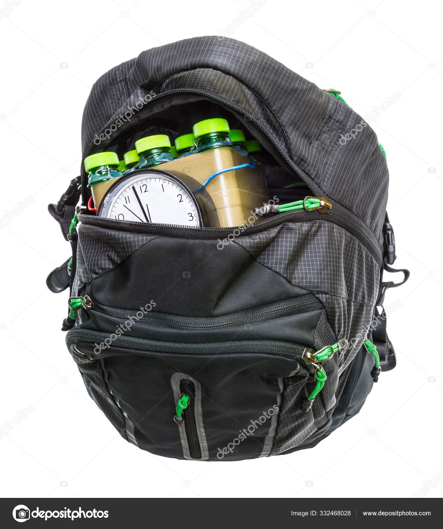 Time-bomb detail. Improvised explosive device in rucksack isolated on ...