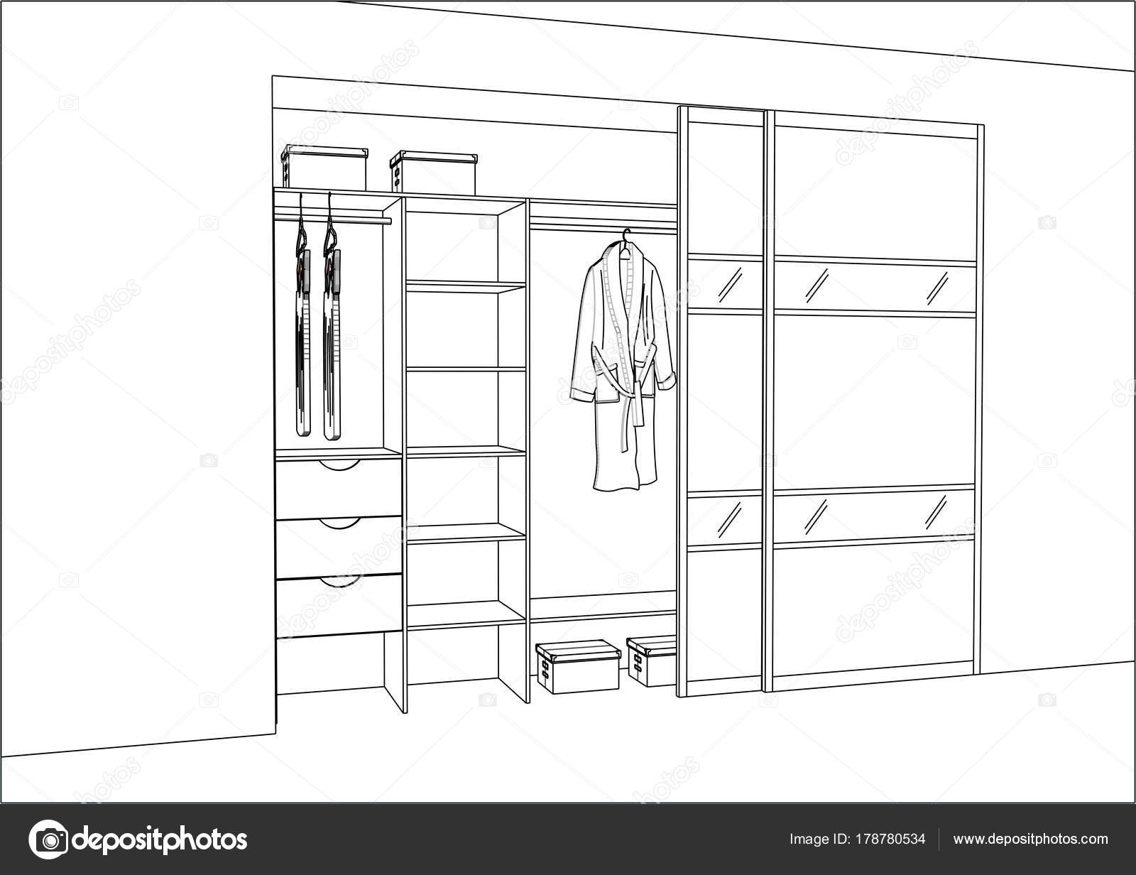3D vector sketch. Wardrobe with sliding doors in the interior. Stock ...