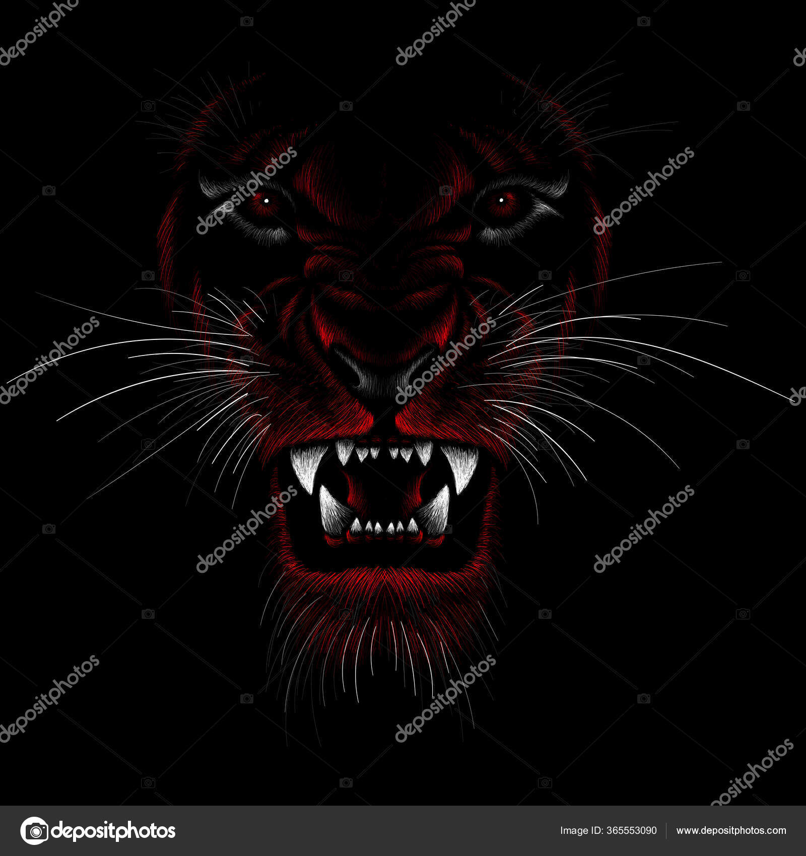 Vector Illustration Aggressive Tiger Hand Draw Sketch Black Background ...