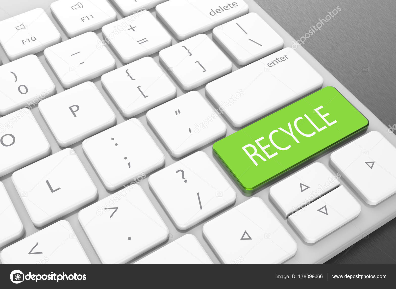 Modern computer keyboard with green recycle button. 3D illustrat ...