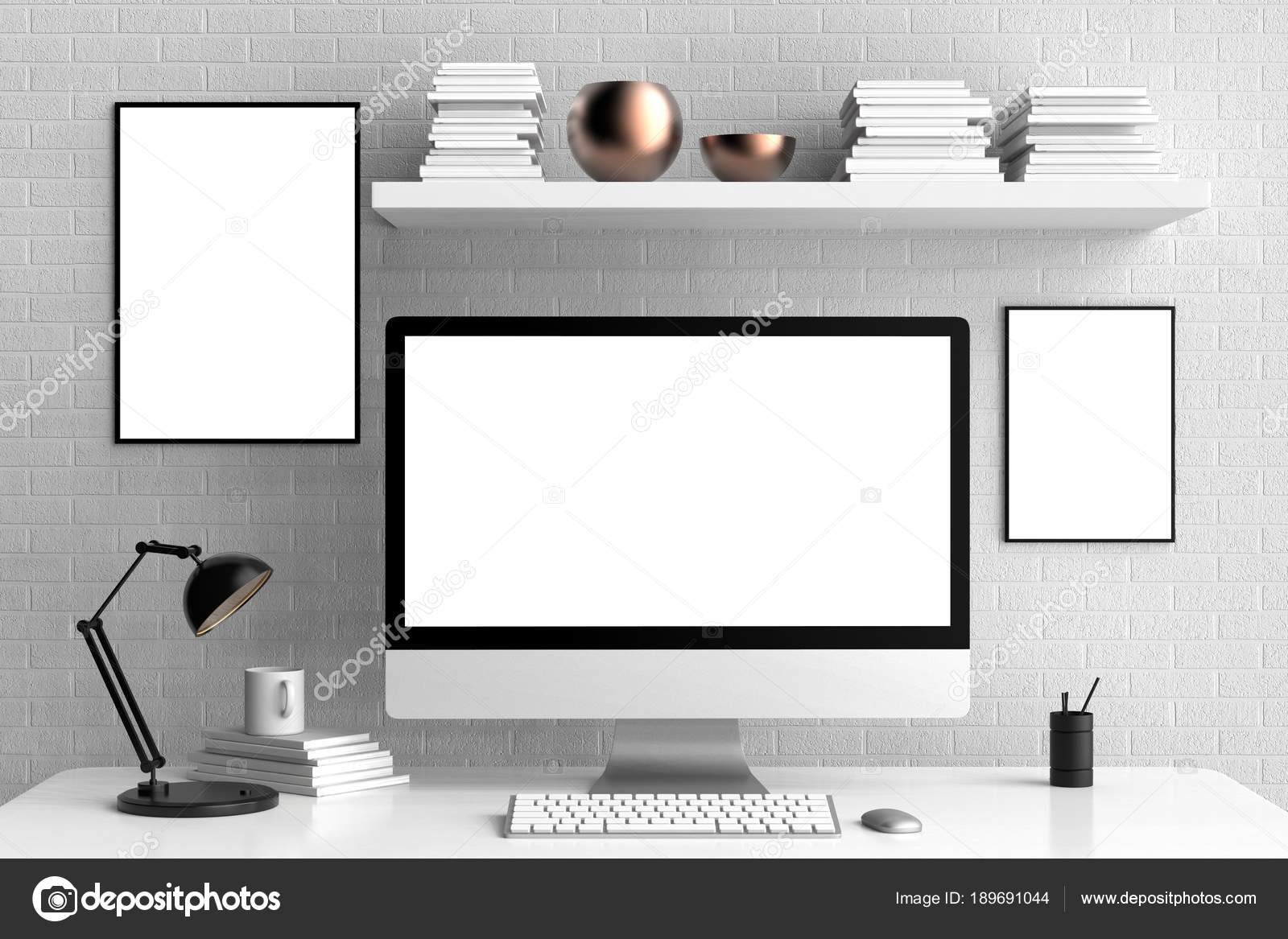 Modern workspace, isolated computer screen and frame mock up. 3D Stock ...