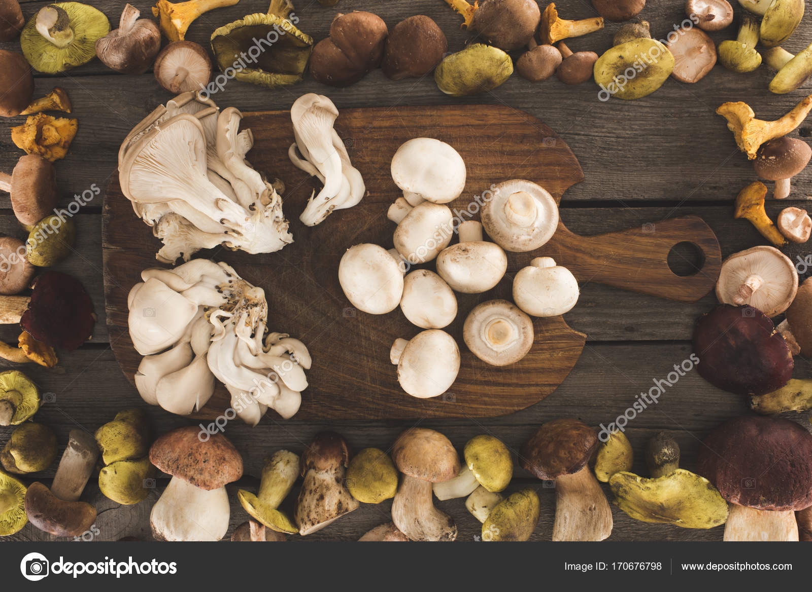 Différents types de champignons sur planche à découper — Photo de stock ...