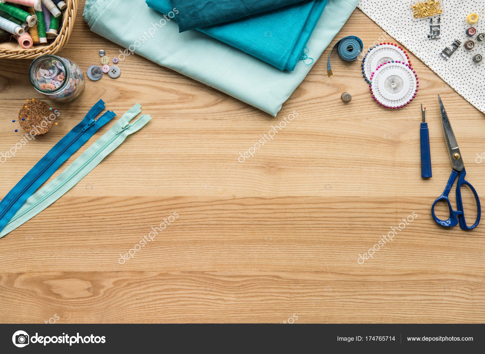 Top View Seamstress Workplace Table Fabric Scissors Zip Lockers — Stock ...