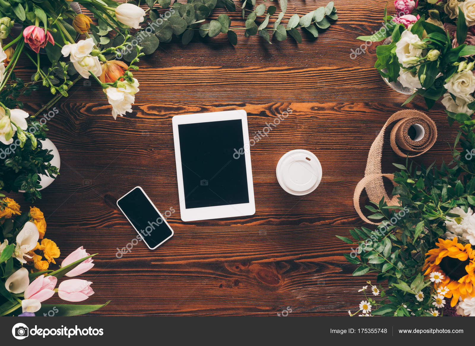 Top View Digital Devices Coffee Paper Cup Wooden Florist Table — Stock ...