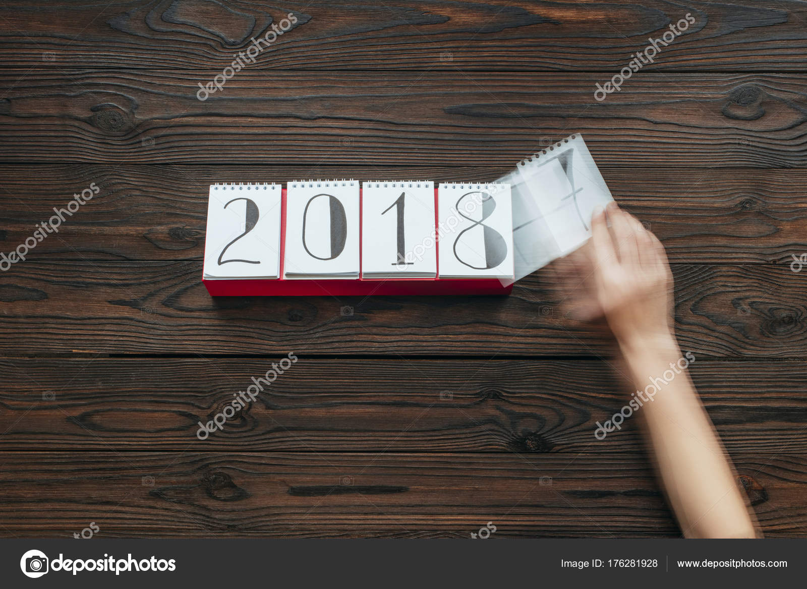 Cropped Shot Woman Tearing Calendar Paper 2018 Year Dark Wooden — Stock ...