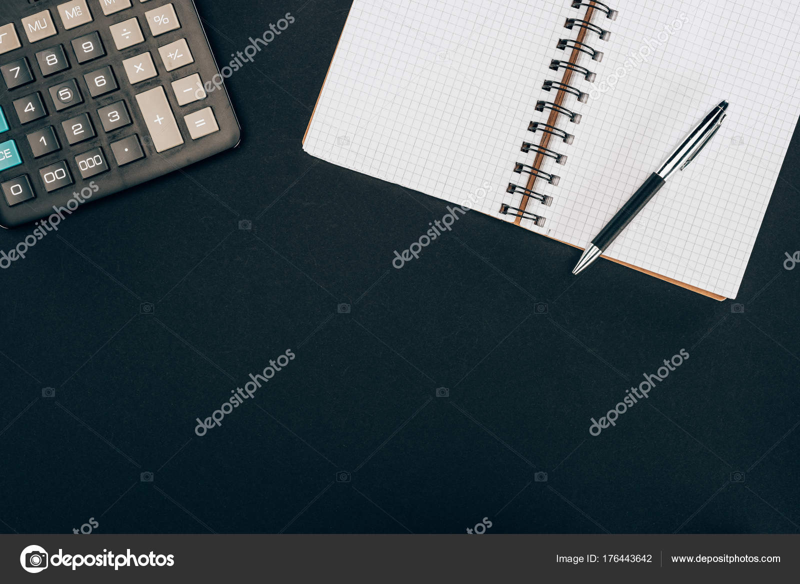 Top View Blank Open Notebook Pen Calculator Black — Stock Photo ... Top View Blank Open Notebook Pen Calculator Black — Stock Photo ...