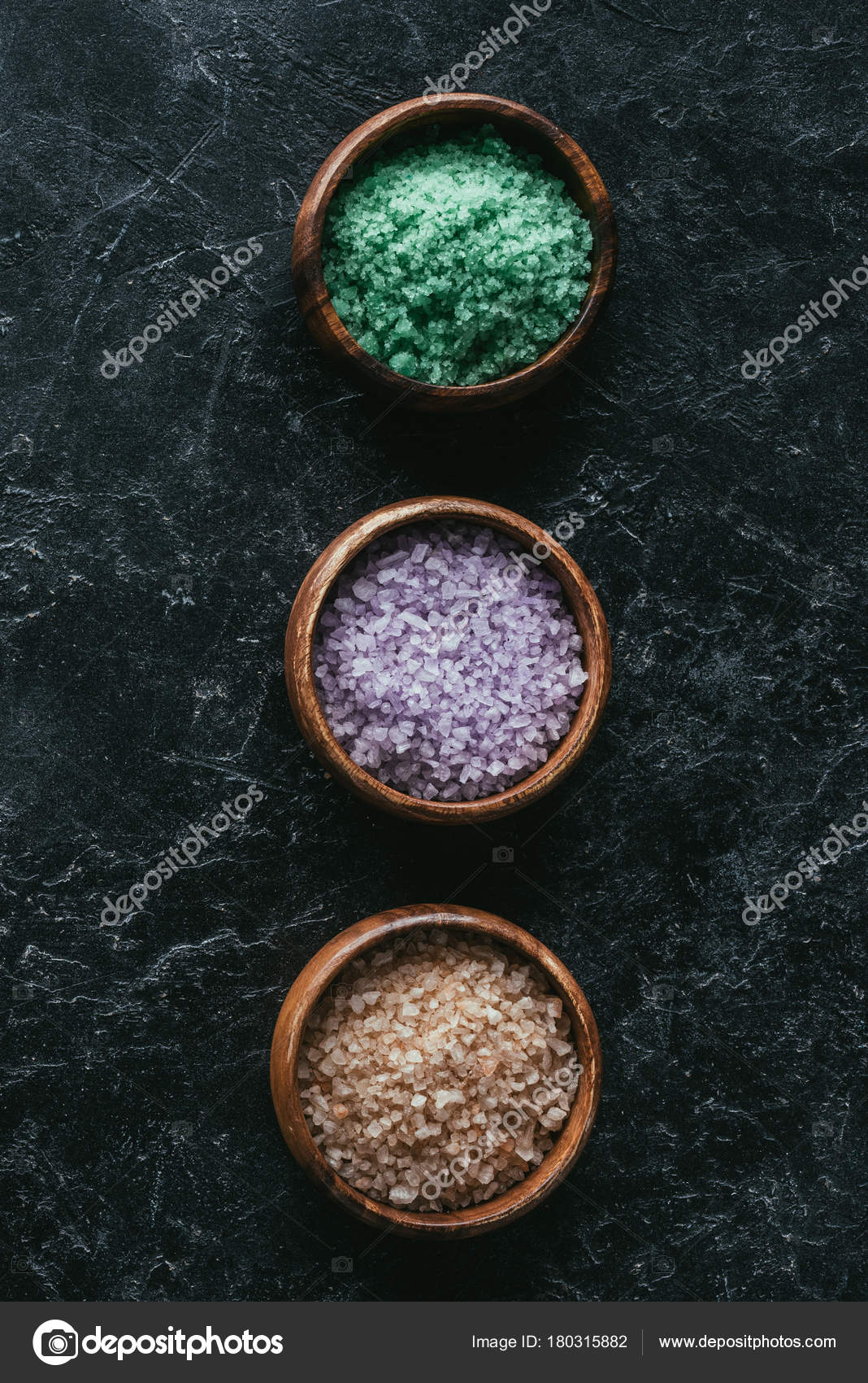 Top View Different Sea Salt Wooden Bowls Black Marble Surface — Free ...