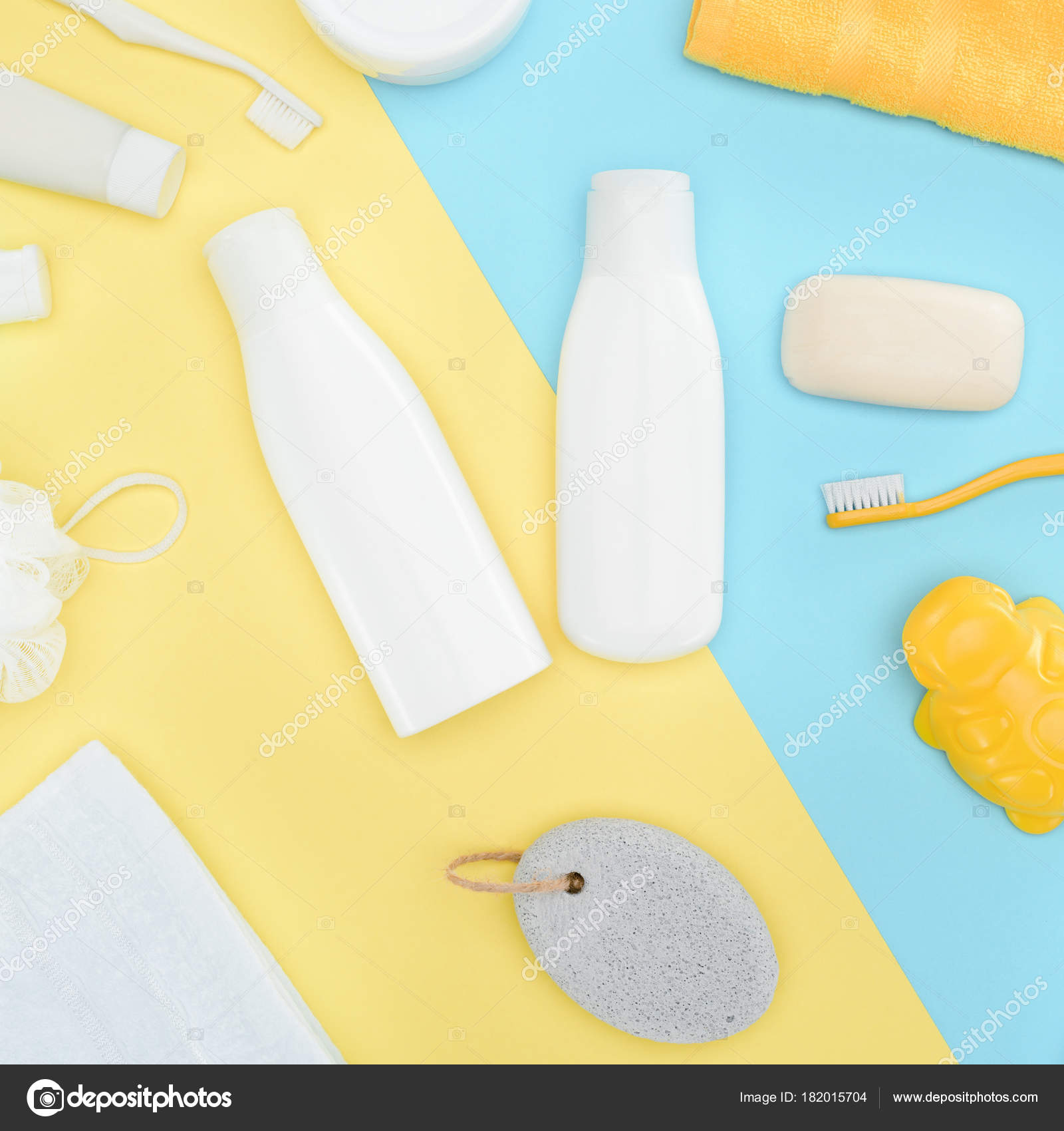 Top View Body Lotion Bottles Toothbrushes Pumice Towel Soap Isolated ...