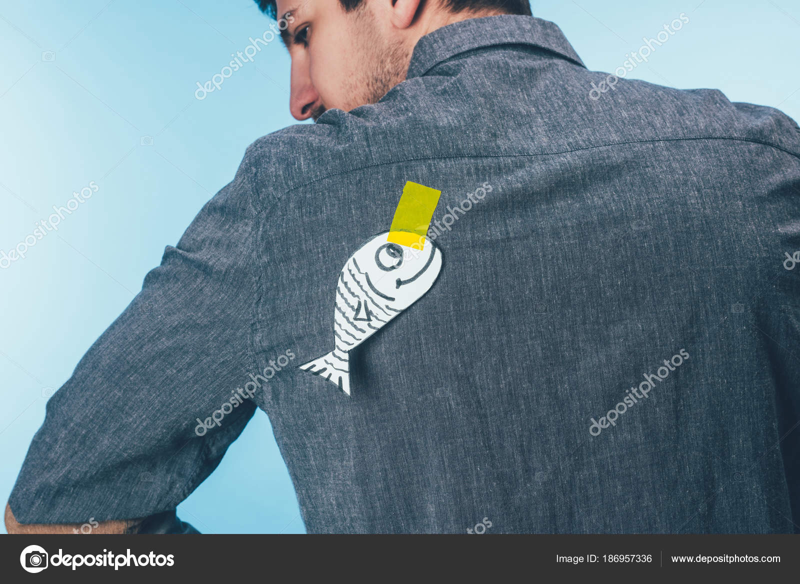 Back View Man Fish Sticky Tape Back April Fools Day — Stock Photo ...