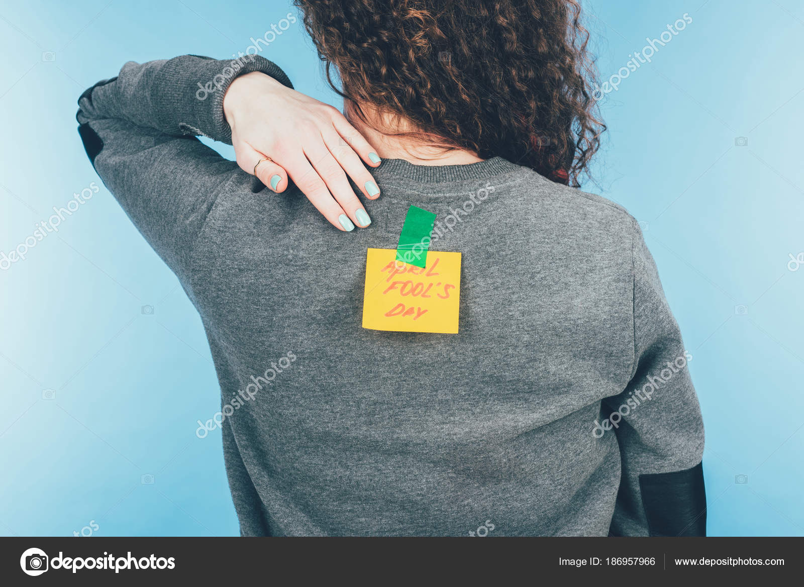 Back View Woman Note Sticky Tape April Fools Day Lettering — Stock ...