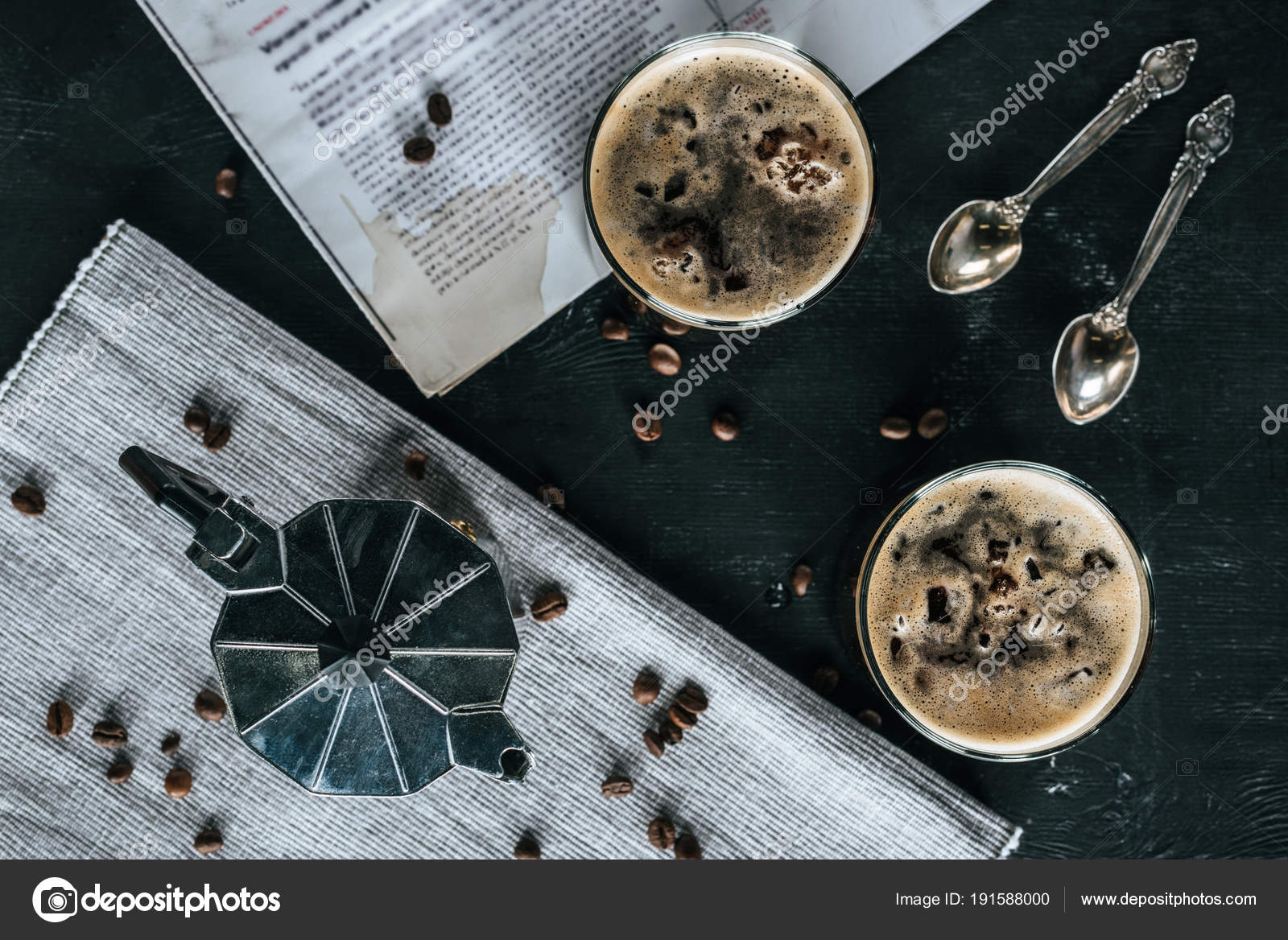 Flat Lay Coffee Maker Spoons Newspaper Glasses Cold Brewed Coffee Stock ...