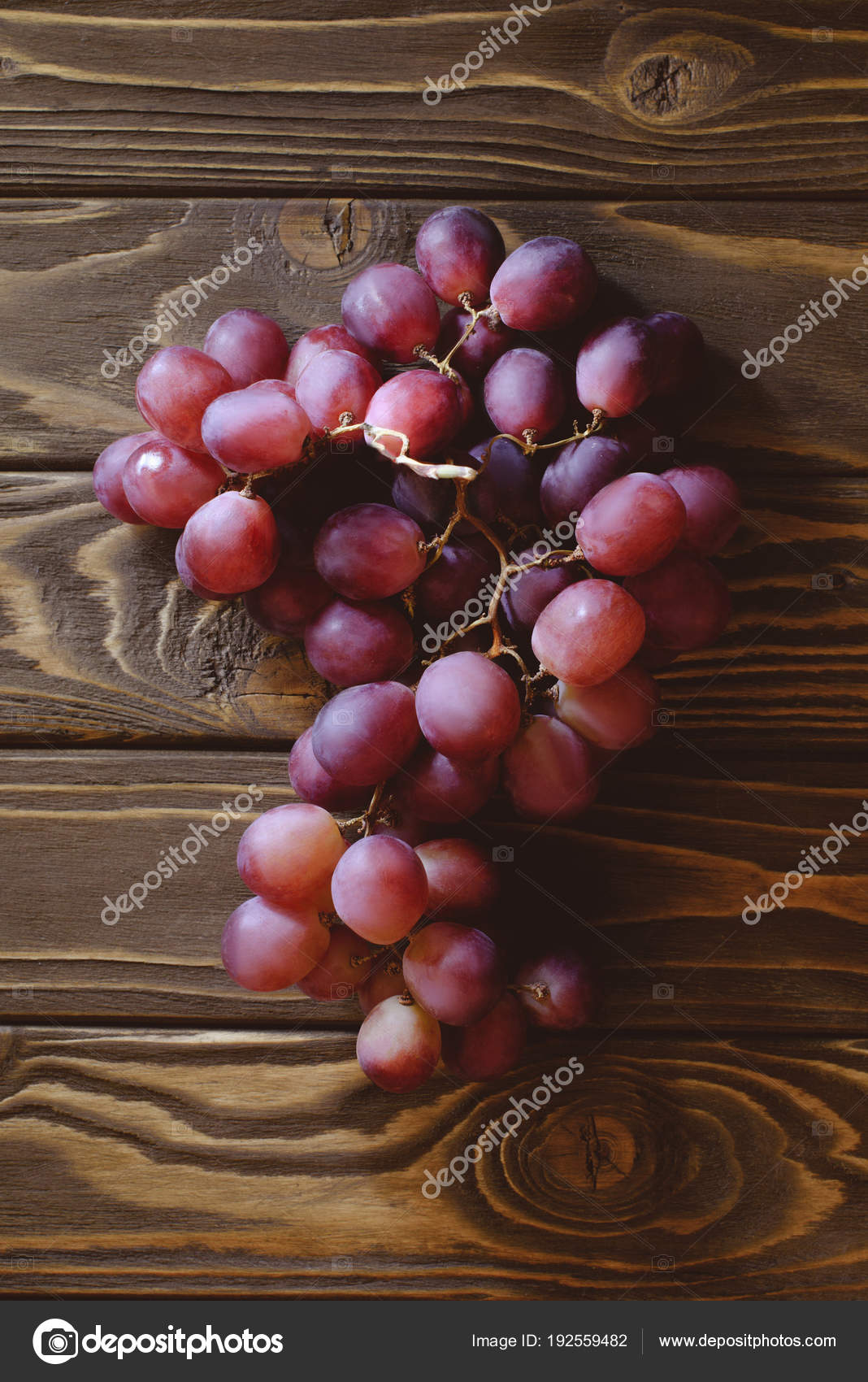 Top View Branch Ripe Red Grapes Wooden Table — Stock Photo ...