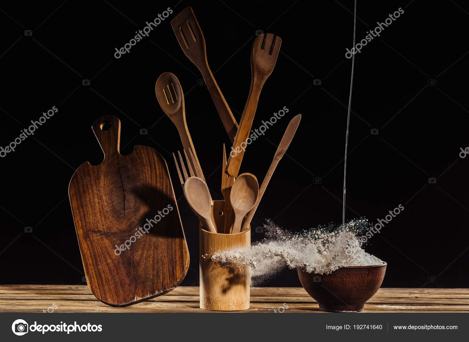Flying Cutting Board Kitchen Utensils Flour Bowl Black Background ...