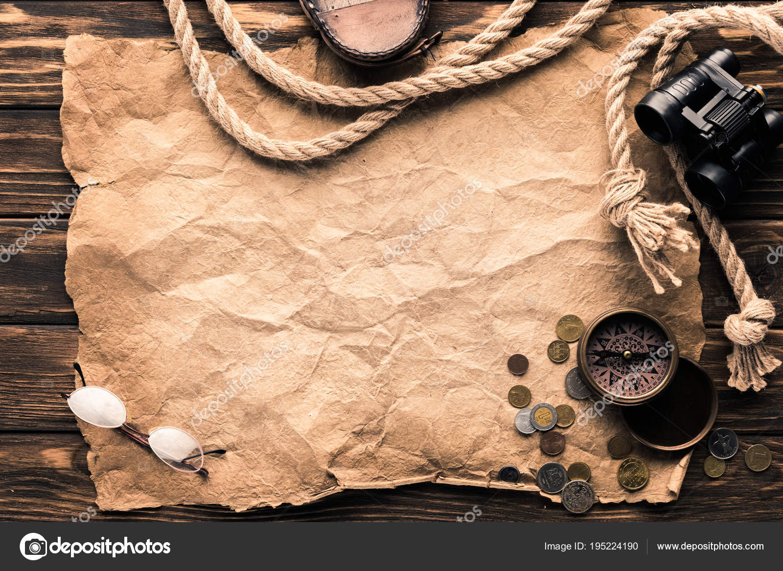 Top View Blank Crumpled Paper Compass Binoculars Rope Rustic Wooden ...