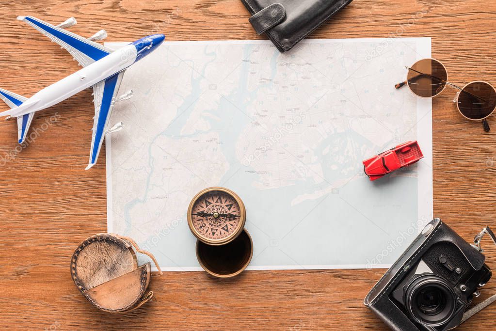 Top View Map Various Travel Attributes Wooden Surface — Stock Photo ...