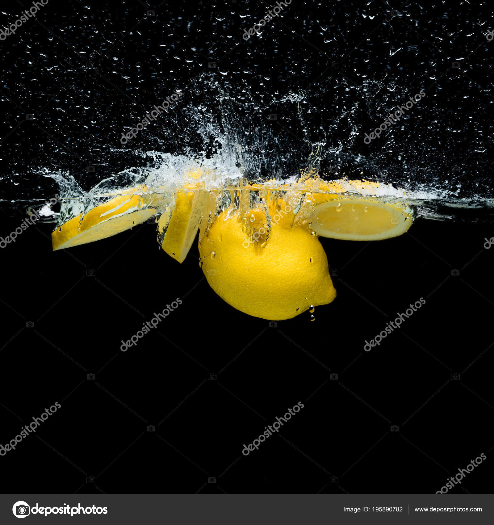 Close View Fresh Lemon Pieces Water Splashes Isolated Black — Stock ...
