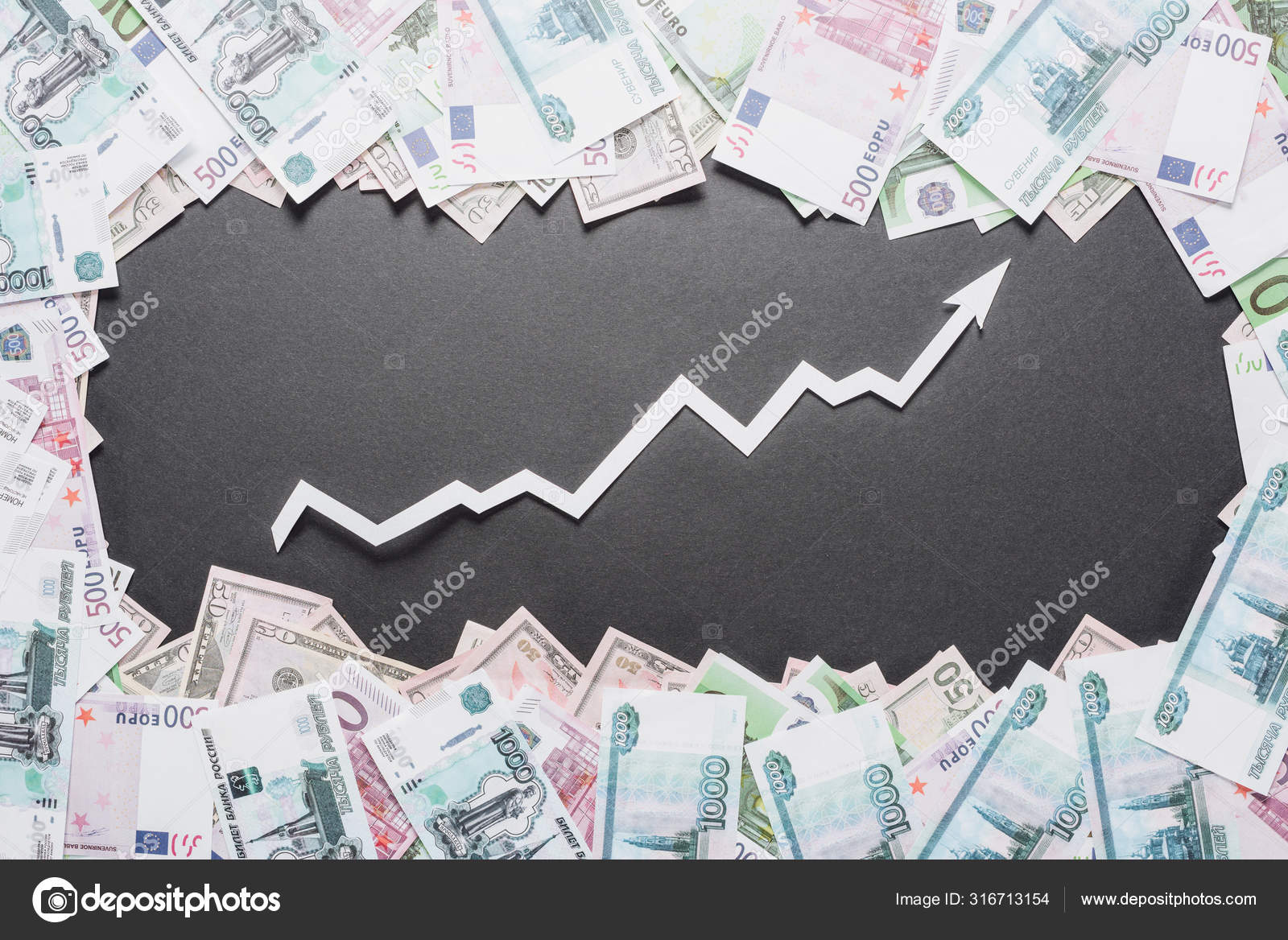 White Paper Cut Increase Arrow Frame Dollar Euro Ruble Banknotes Stock ...