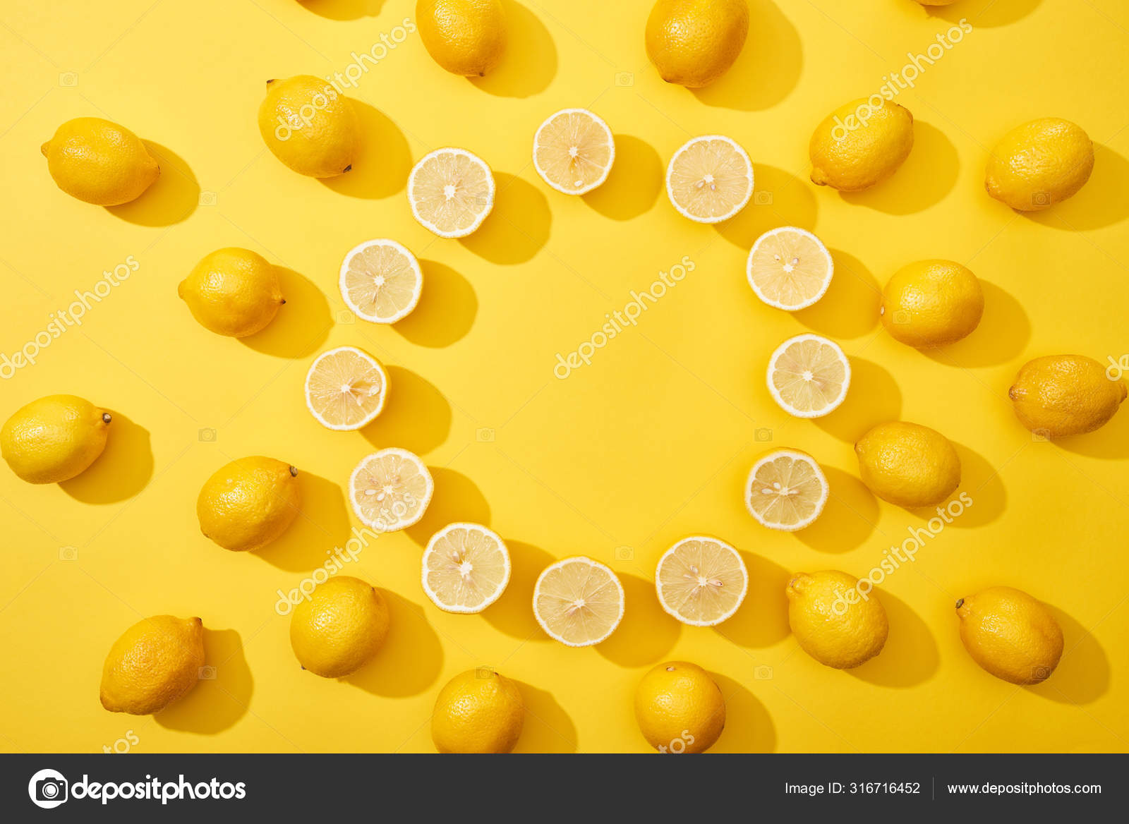 Top View Ripe Cut Whole Lemons Arranged Frame Yellow Background Stock ...