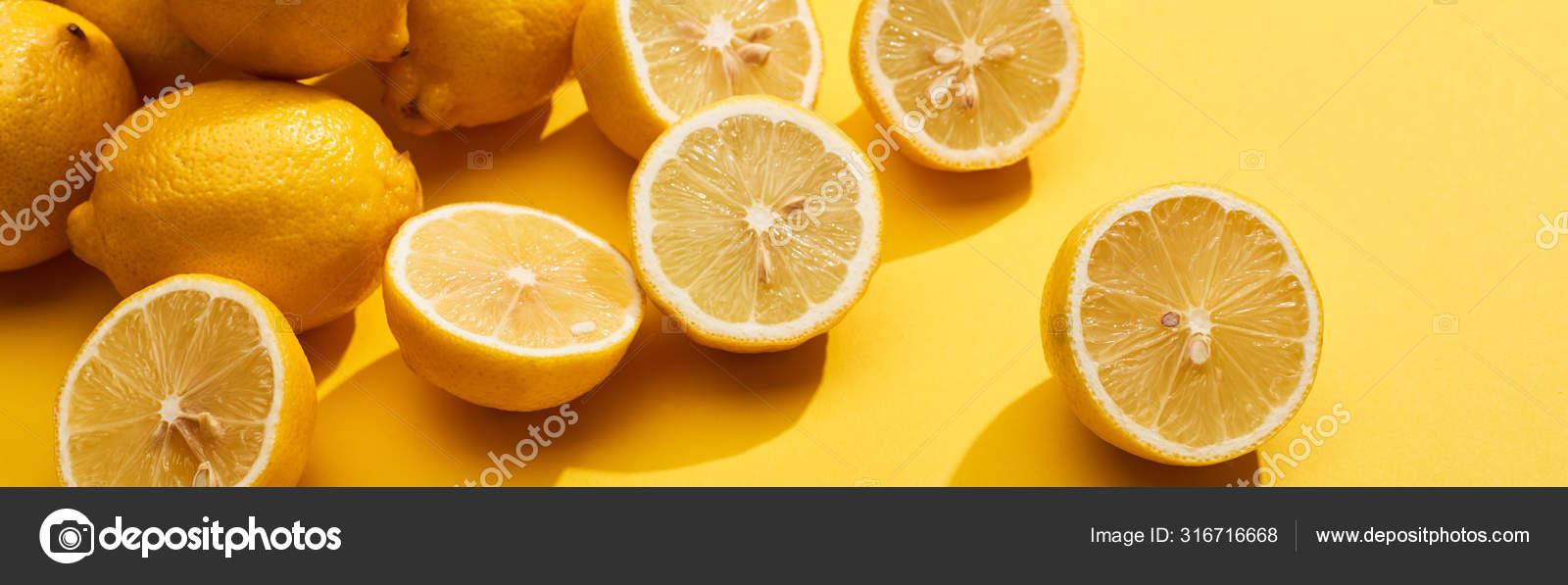Ripe Cut Whole Lemons Yellow Background Panoramic Shot Stock Photo by ...