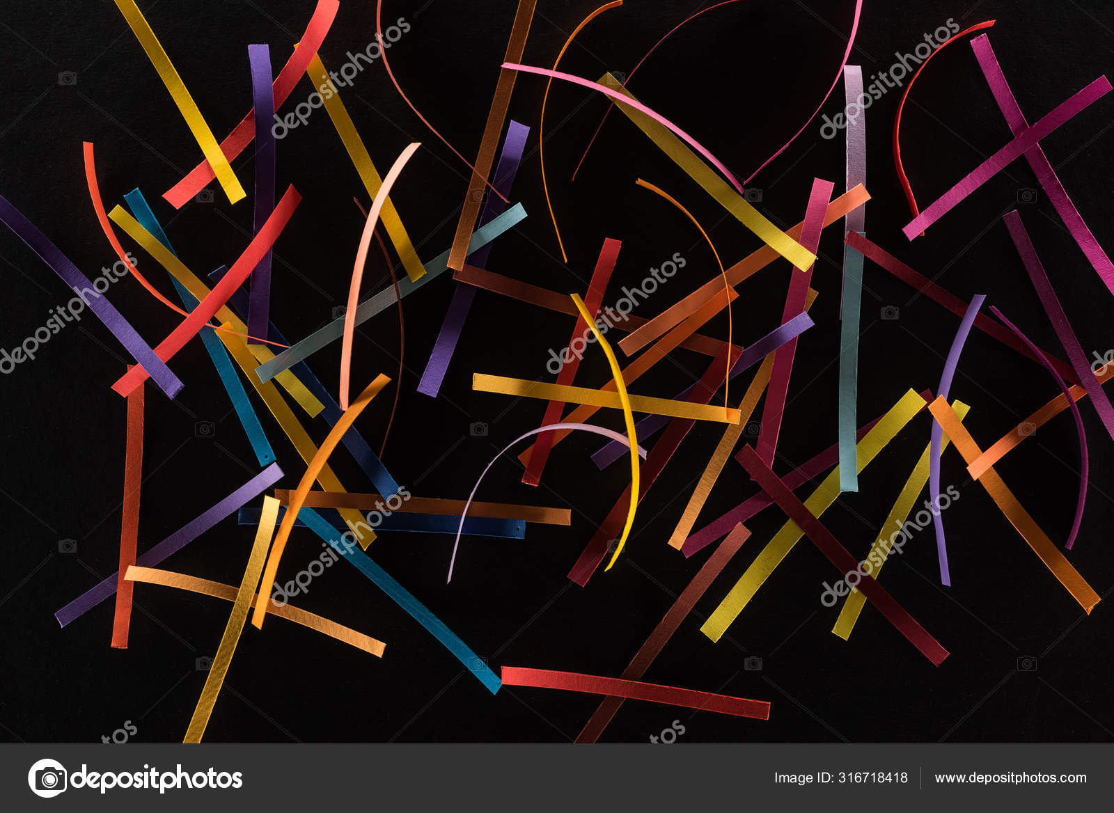 Top View Multicolored Abstract Lines Scattered Isolated Black ...