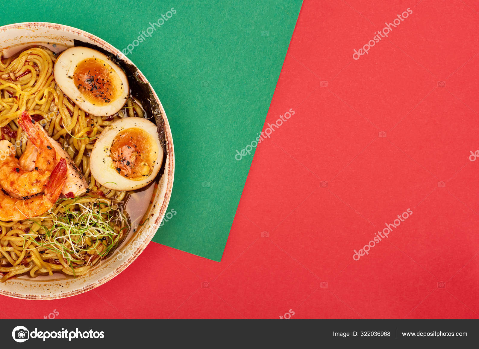 Top View Spicy Seafood Ramen Green Red Surface — Stock Photo ...