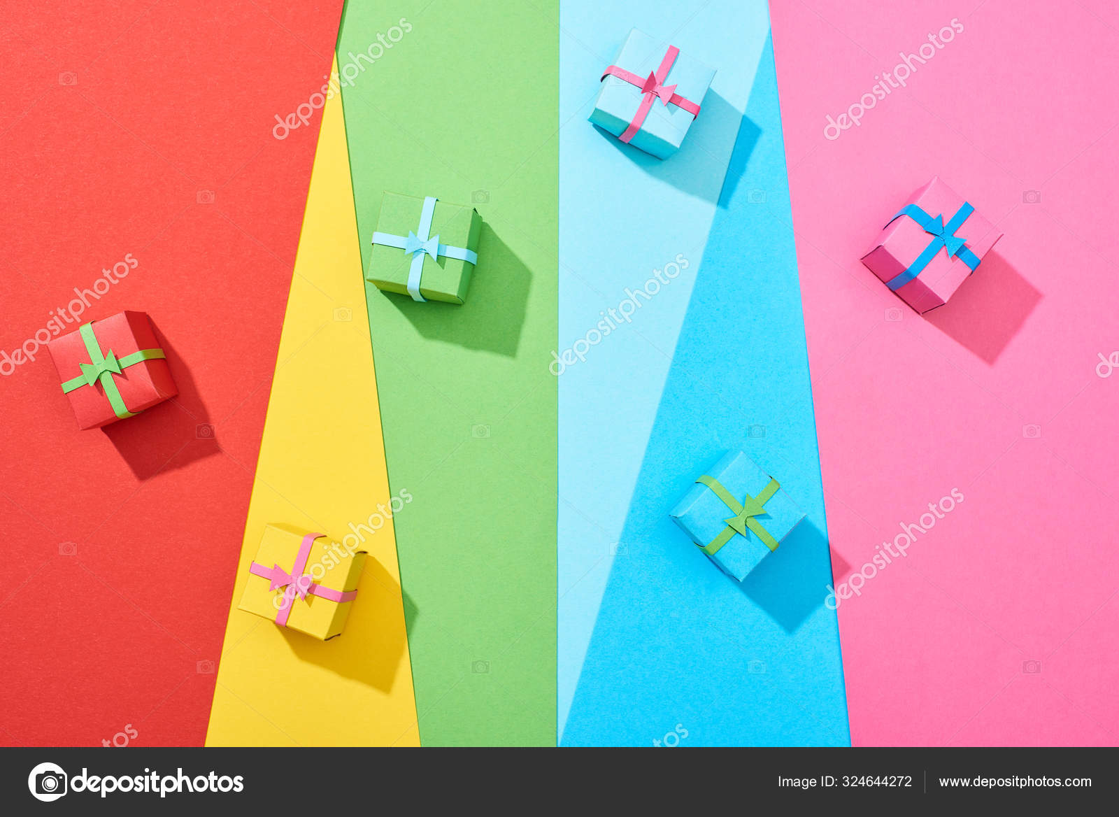 Top View Multicolored Gift Boxes Scattered Rainbow Background — Stock ...
