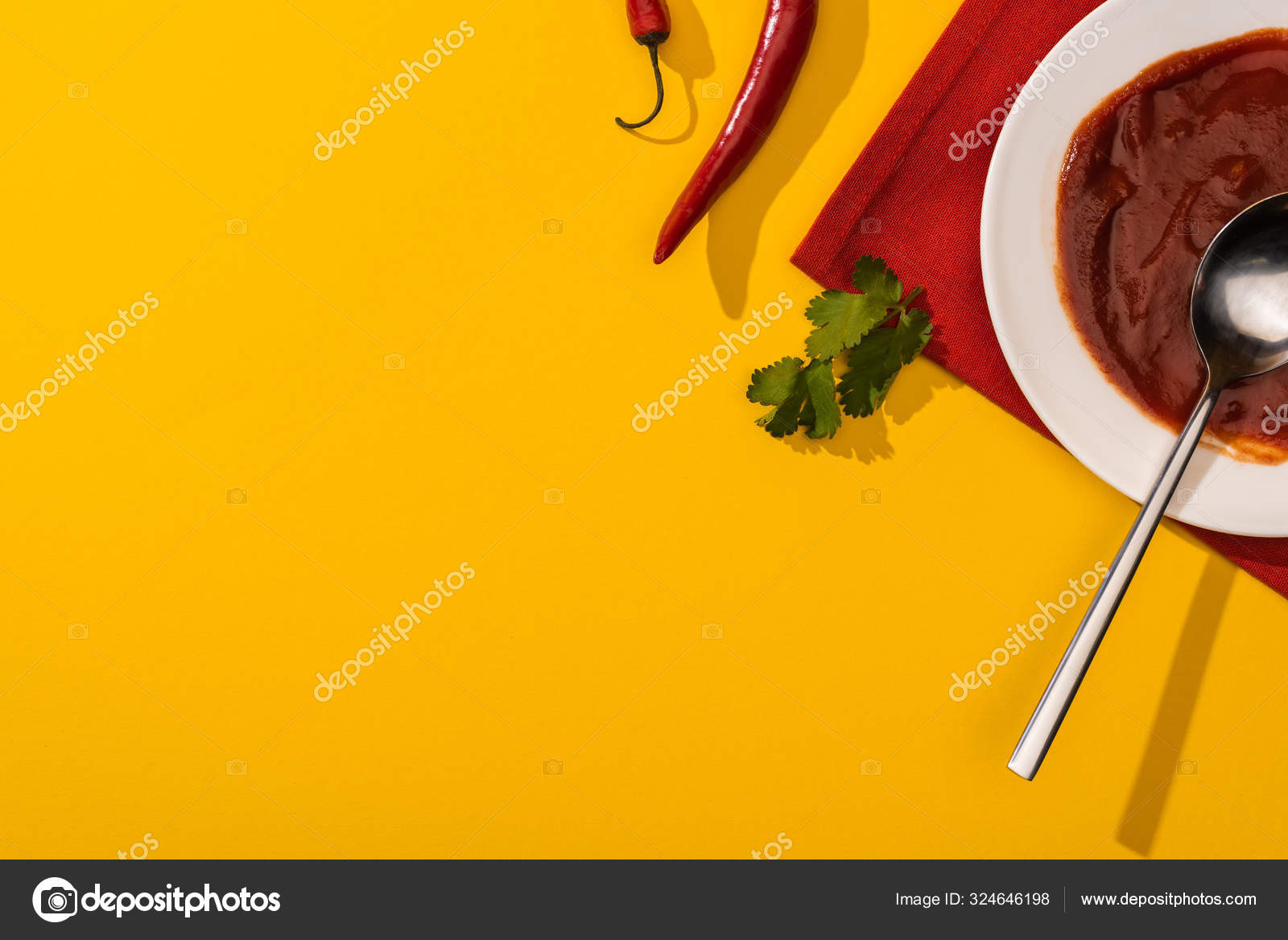 Top View Spicy Chili Sauce Plate Cilantro Chili Peppers Yellow Stock ...
