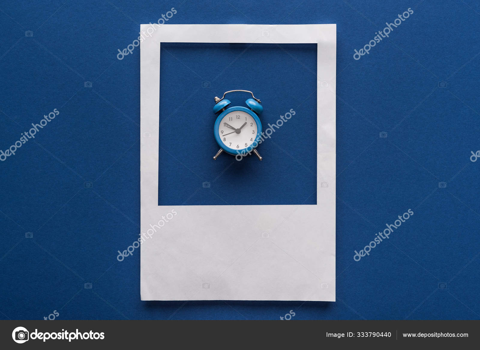 Top View Alarm Clock White Photo Frame Blue Background — Stock Photo ...