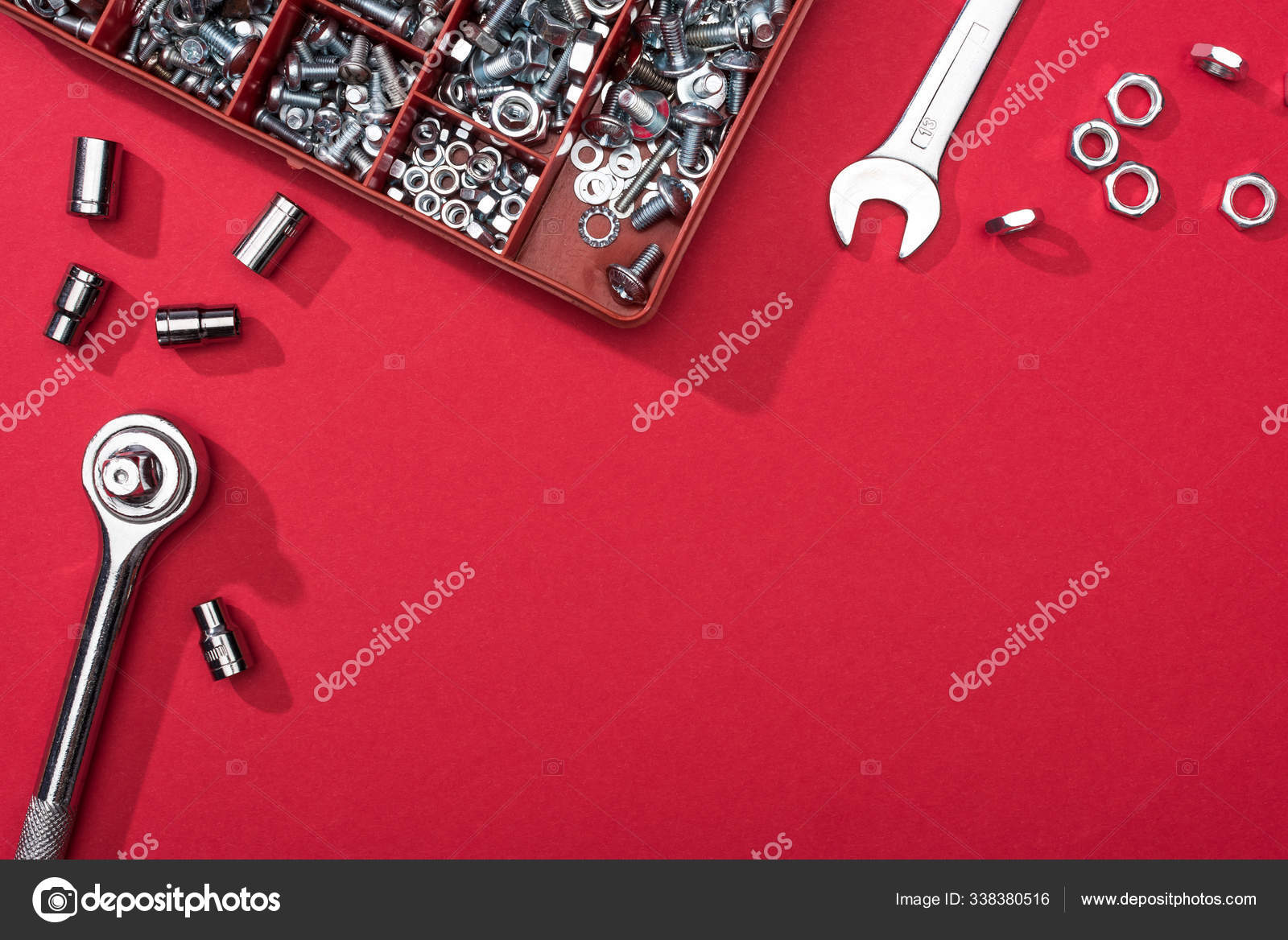 Top View Wrenches Tool Box Nozzles Red Background Stock Photo by ...